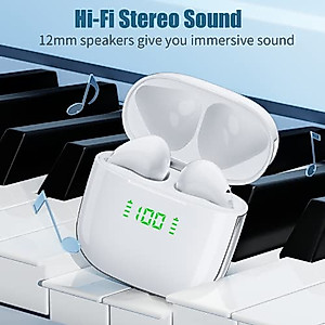 PocBuds Bluetooth Headphones Wireless Earbuds 50Hrs Playtime with Wireless Charging Case Dual Digital Display Waterproof Immersive Stereo in-Ear Earphones with Mic for Phone TV Computer Android White