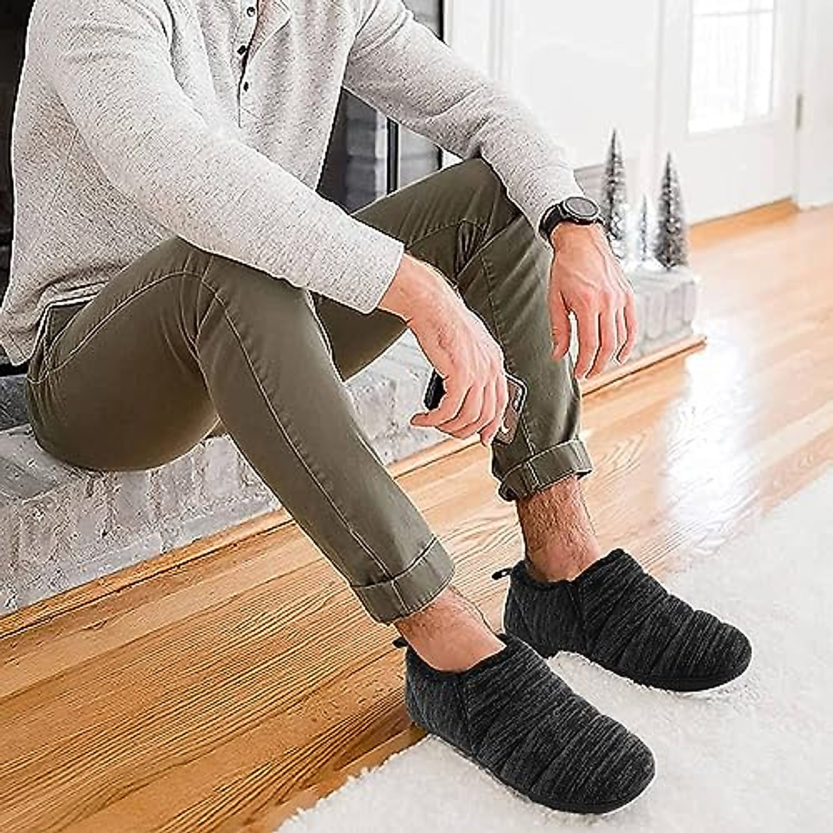 Zizor Men's Comfy Caterpillar Slippers Indoor Outdoor House Shoes, Warm Soft Knit Upper Fuzzy Fleece Lined Memory Foam Sole with Hard Bottom, Black, 11 US