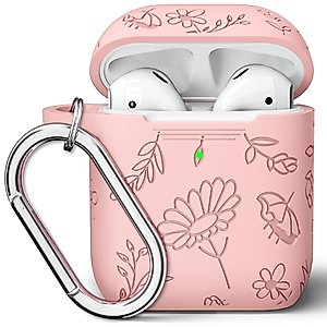 Filoto Airpods Case, Silicone Flower Engraved Protective Case Cover Apple Airpod 2/1 Skin Cover with Keychain for Women Girls (Pink Flower)