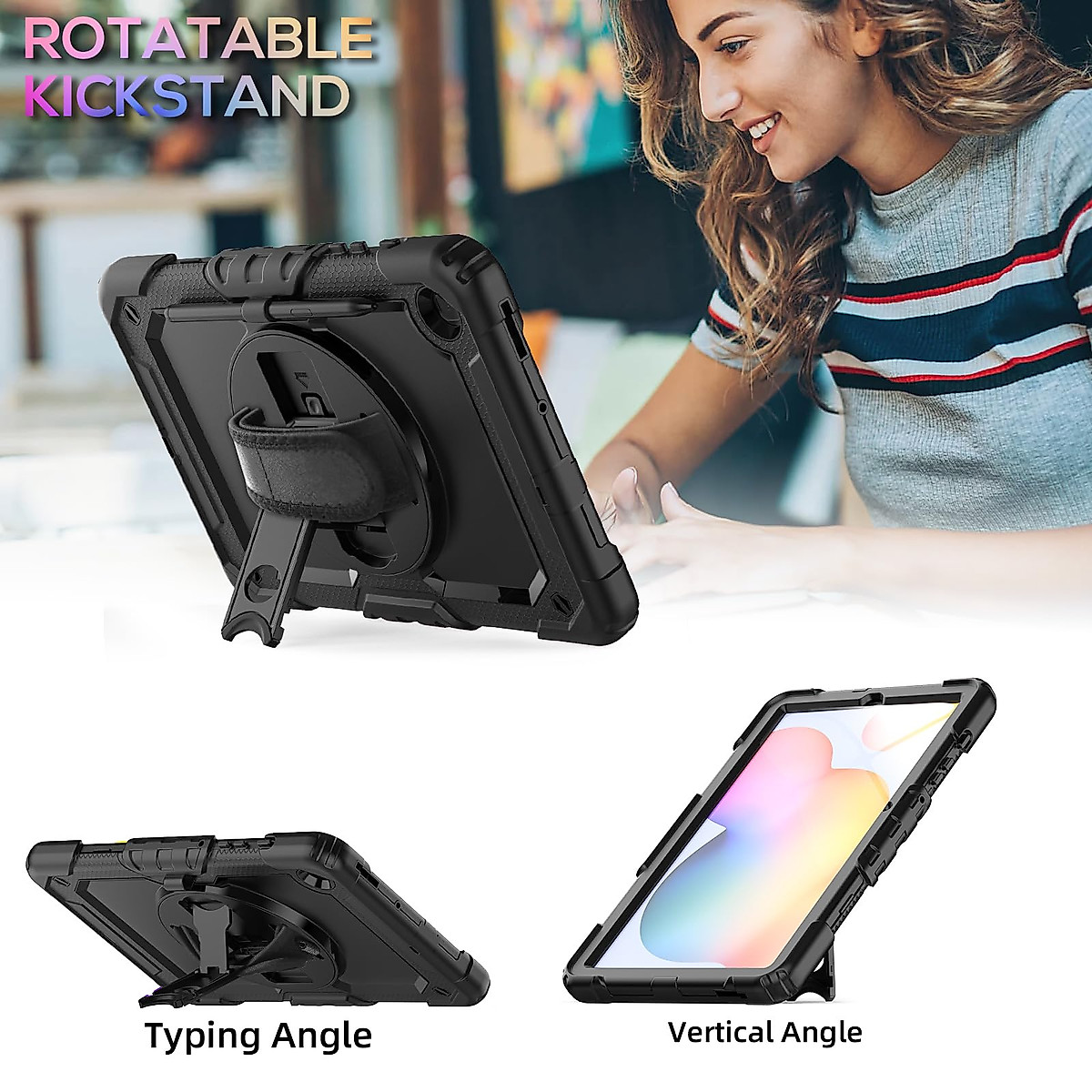 BLOSOMEET Case for Samsung Galaxy Tab S6 Lite 10.4" 2024/2022/2020 with Screen Protector S Pen Holder,Heavy Duty Case for S6 Lite Tablet P620/P625/P610/P613 with Stand Hand Shoulder Strap,Black