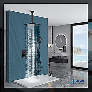 Aolemi Matte Black Shower System Ceiling Mount 12 Inch Rain Shower Head with 3 Functions ABS Handheld Spray Luxury High Pressure Shower Combo Set Rough-in Valve and Shower Trim Included Bathroom