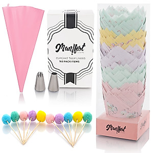 Man!fest Cuisine Tulip Cupcake Cup - 150 PCS Tulip Cupcake Liners Muffin Parchment Baking Cups Greaseproof Colorful Paper Wrapper Standard for Party Wedding Birthday Baby Shower Decorations Set