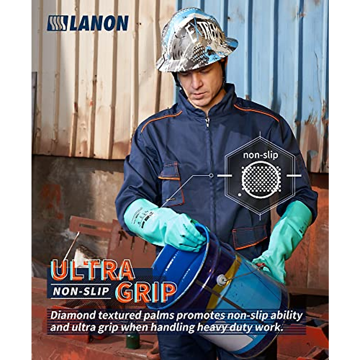 LANON Nitrile Chemical Resistant Gloves, Reusable Heavy Duty Safety Work Gloves, Acid, Alkali and Oil Protection, 18" Length, Non-Slip, Large