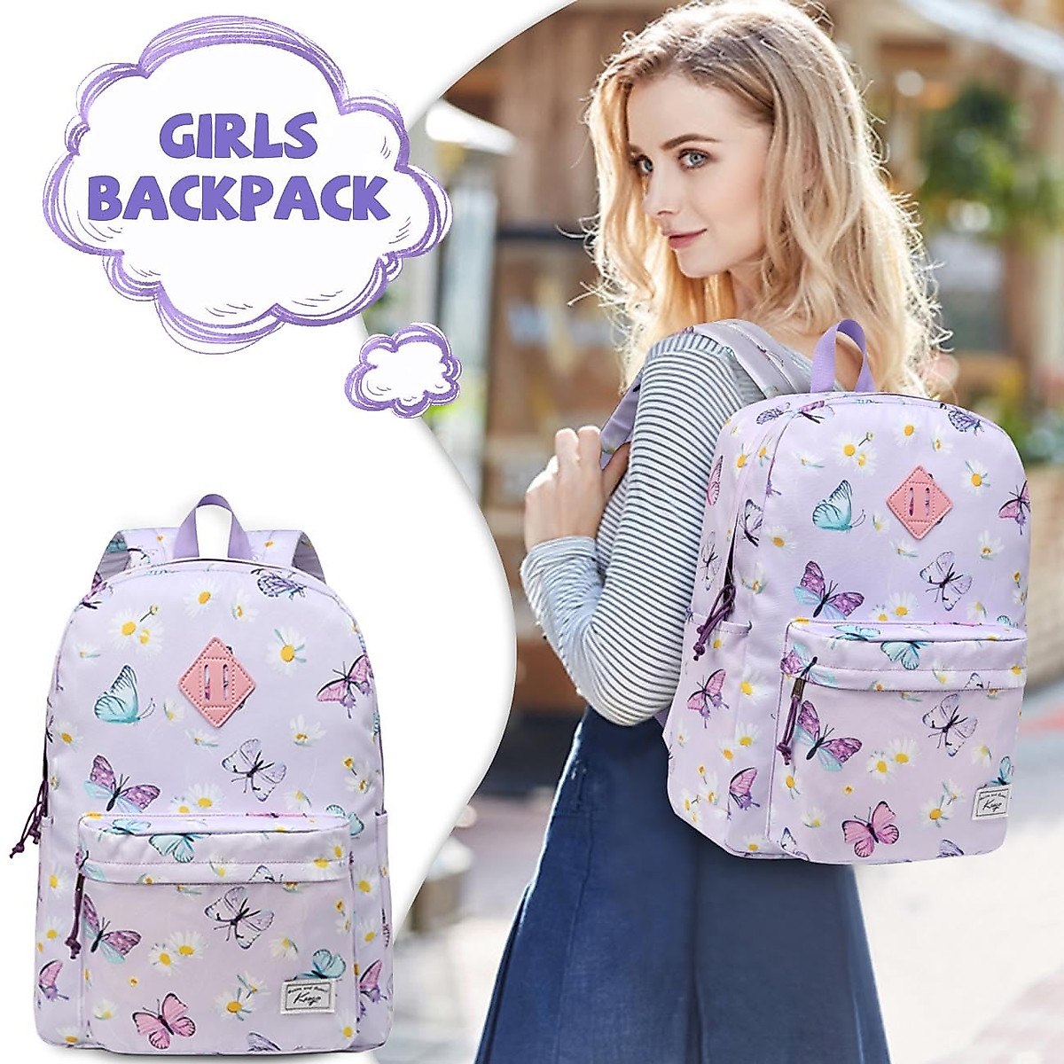 Lightweight School Backpack, Kasqo Large Capacity Water-Resistant Casual College Bookbag for Men Women Teen Girls Boys, Purple Butterfly