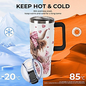 Zxyhomex Personalize Cute Pink Cow Print Tumbler 40 oz with Handle Straw Lid, Heifer 40oz Vacuum Insulated Coffee Mug, Highland Cow Birthday Gifts