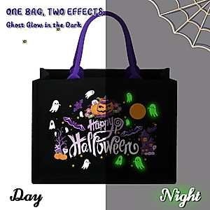 ERTIUANIO 14'' Halloween Trick or Treat Bags, Glow in The Dark Halloween Candy Tote Bag with Handle, Canvas Halloween Tote Bag, Reusable Halloween Bags for Trick or Treating, Halloween Party (2PCS