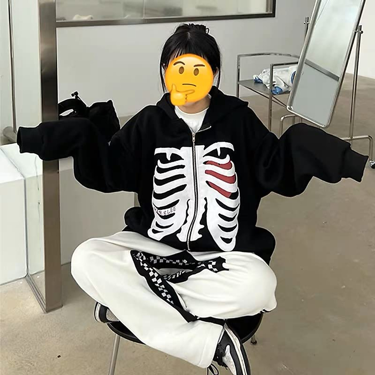 WINKEEY Women's Zip Up Skeleton Print Hoodie Y2K E-Girl Long Sleeve Hooded Jacket Sweatshirt (XL,Black)