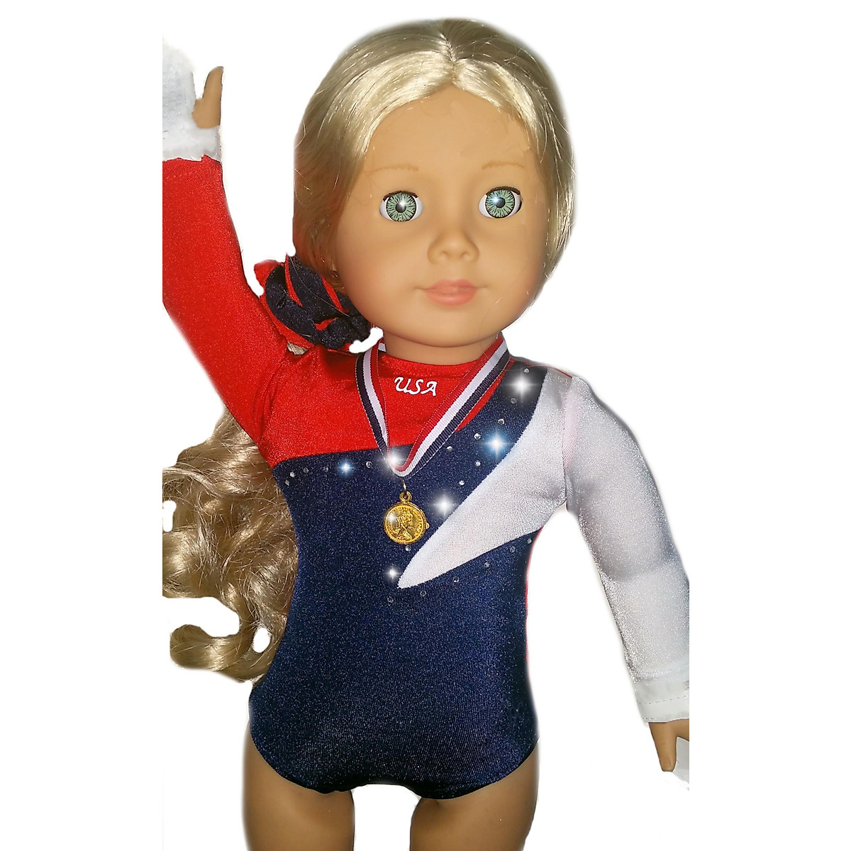 2024 American Doll Girl USA Gymnastics Doll Clothes Set with Leotard, Mat, Olympic Medal and Hair Accessory. 4 PCS in All! Doll Not Included