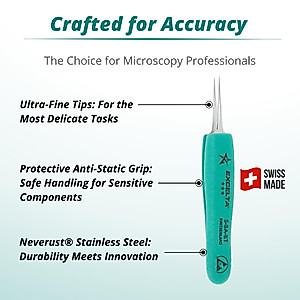 Excelta 5-SA-ET Straight Tapered Ultra-Fine Pointed Tweezers, 4.75 Inch, Ergo-Tweeze Soft Cushioned Grips, Made of Neverust Stainless Steel, Ideal for Microscopy, Professional