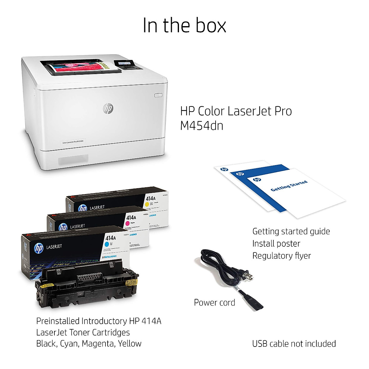 HP Color Laserjet Pro M454dn Print only Wired Laser Printer, 2-line Backlit LCD Display, 28 ppm, Auto Duplex Printing, 600 x 600 dpi, 8.5 x 14, USB 2.0, Ethernet, White, Cbmou Printer Cable