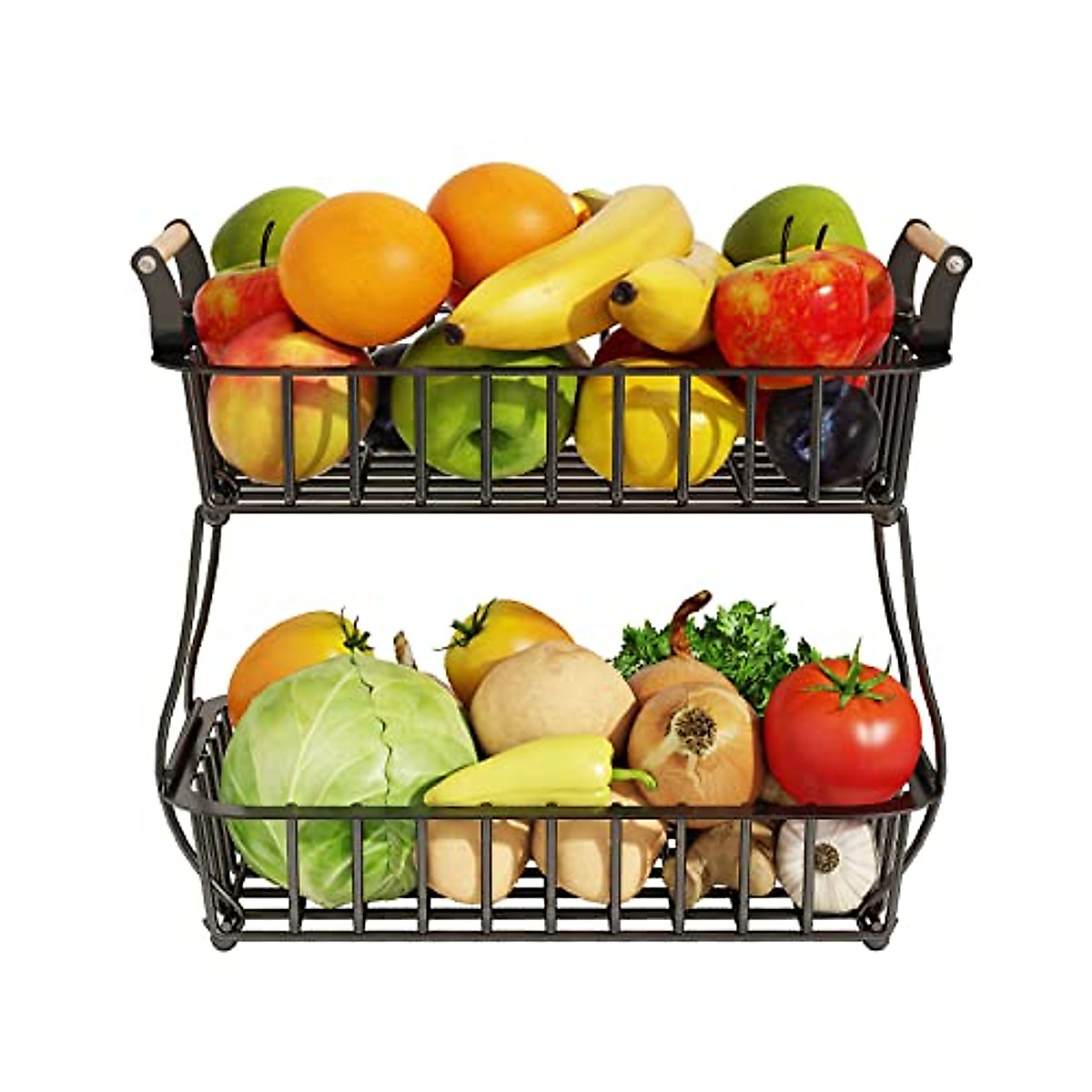 Wisdom Star 2 Tier Fruit Basket Bowl Farmhouse for Kitchen Countertop, Detachable Metal Bread Fruit Vegetable Storage Basket Stand Holder with Wooden Handle, Black