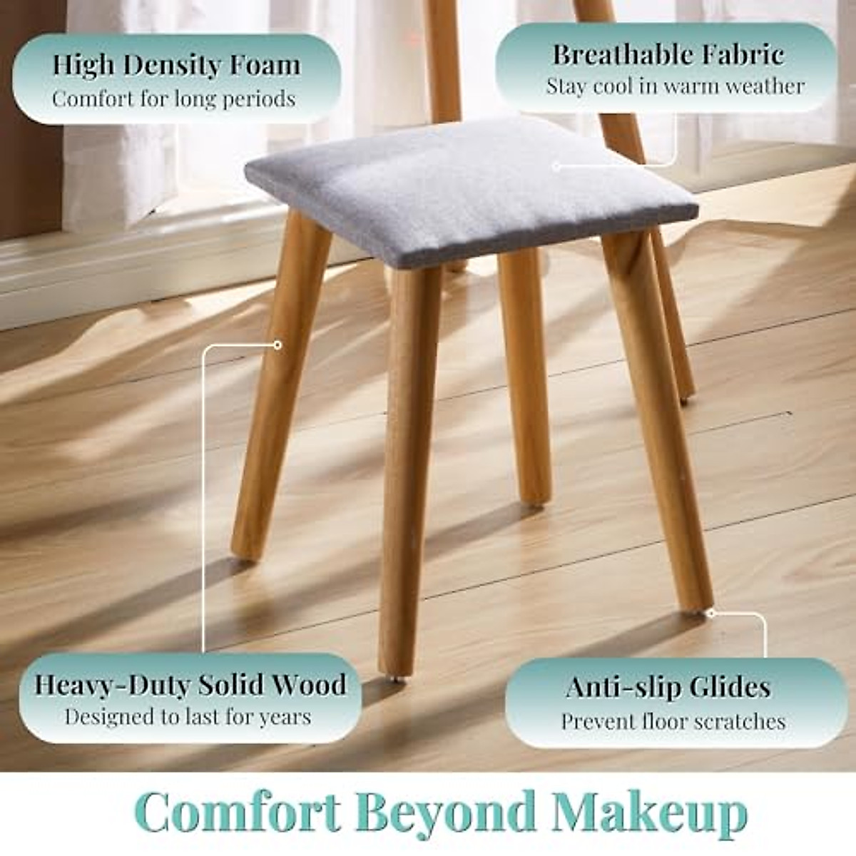 LUXFURNI Vanity Desk with Lighted Mirror, Makeup Vanity Table Set, Adjustable Brightness, Large Drawer Sturdy Wood, Soft Chair Dresser Desk for Bedroom (White, 24x16x44.5H)