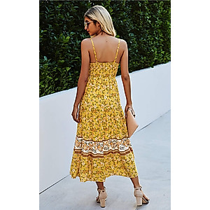 Angashion Women's Dresses Floral Adjustable Spaghetti Strap V Neck Boho Long Maxi Dress Summer Beach Flowy Ethnic Sundress 2141 Yellow Medium