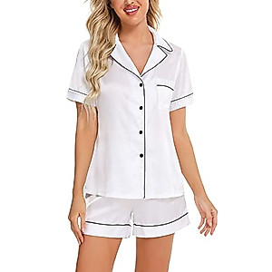 Veseacky Satin Sleepwear with Silky Youth Short Sleeve Sleepwear Soft Lightweight Silk Button Down Sleepwear Short Pjs Loungwear White XXL