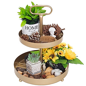 MAONAME Gold 2 Tiered Tray, Metal Two Tier Tray with Handle, Decorative Tray for Kitchen, Living Room, Bathroom, Seasonal Decor