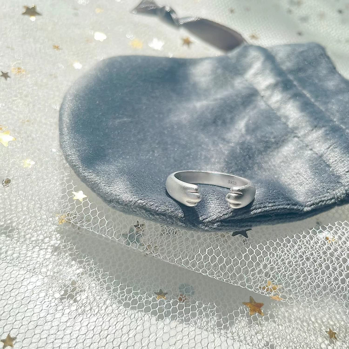 Carol&Allen 925 Sterling Silver Ring Cat Paw Hug Open Band Ring Cute Lovely