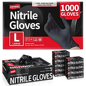 Supmedic Black Nitrile Exam Glove, 5 mil Powder-Free Latex-Free Disposable Medical Gloves, Case of 1000 Pcs (Large)