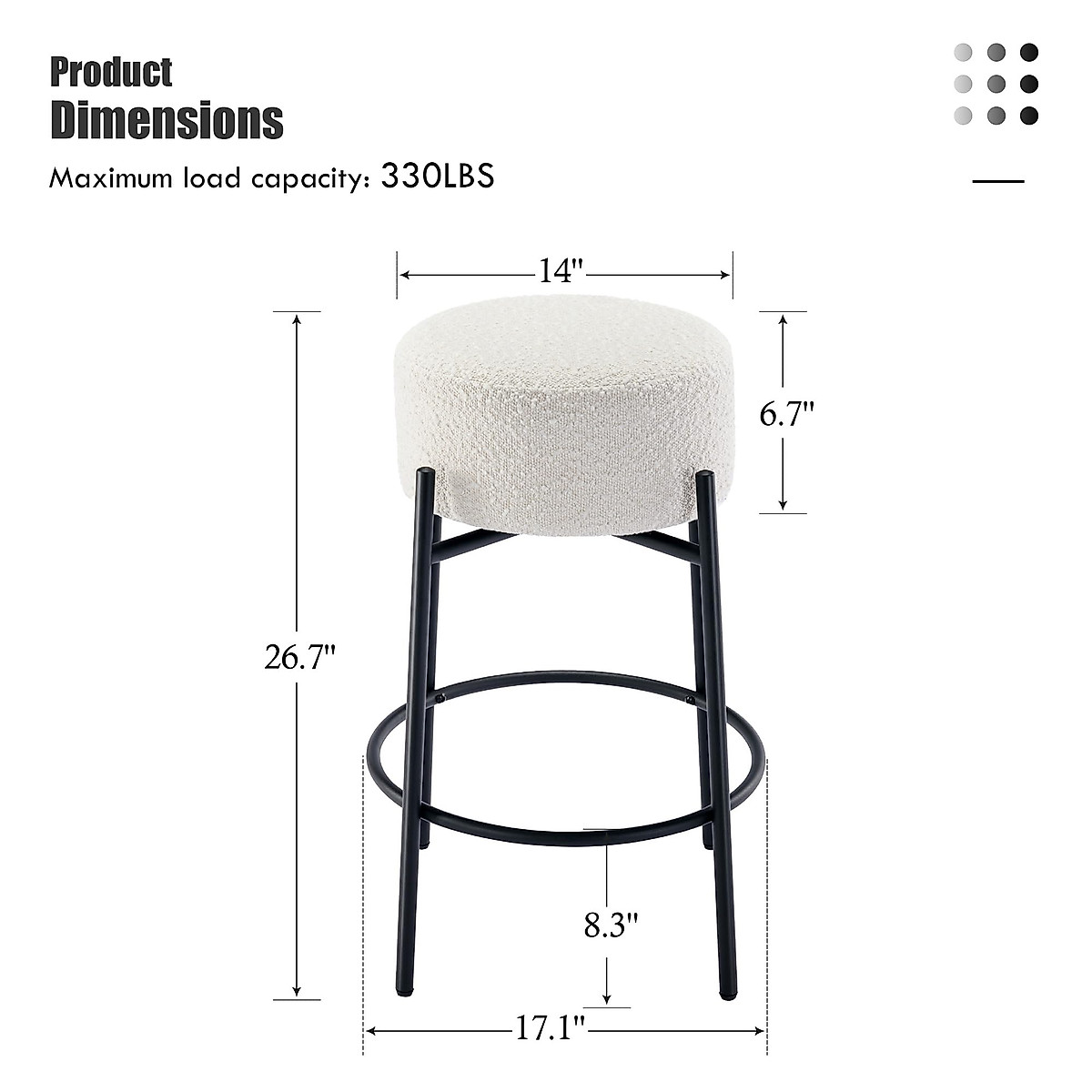 Flouki Swivel Bar Stools Counter Height, Modern Backless Stools for Kitchen Counter, Boucle Fabric Island Chairs with 6.7'' Thick Cushion and Metal Base, 26 inches H, Set of 2, White