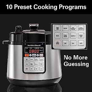 Hamilton Beach 6 Qt Pressure Cooker with Unique Steam Release Button True Slow Cook Technology, Rice, Sauté, Egg and More, 10 Preset Programs (34502), Stainless Steel