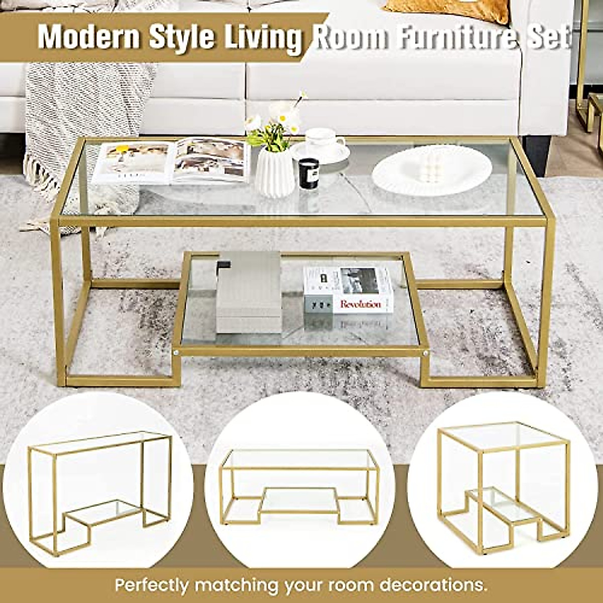 NAFORT Tempered Glass Coffee Table, 45 Inch Gold Rectangular Modern Center Table with Lower Storage Shelf, Sturdy Metal Frame, for Living Room Home Office/Gold