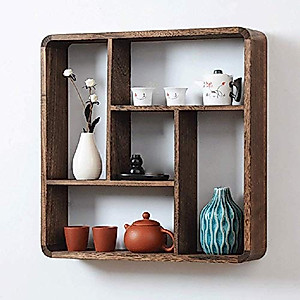 PIBM Stylish Simplicity Shelf Wall Mounted Floating Rack Shelves Solid Wood Retro Lattice Back Hook Multi-Layer Multifunction Environmental Protection, Brown , 56x12x56cm