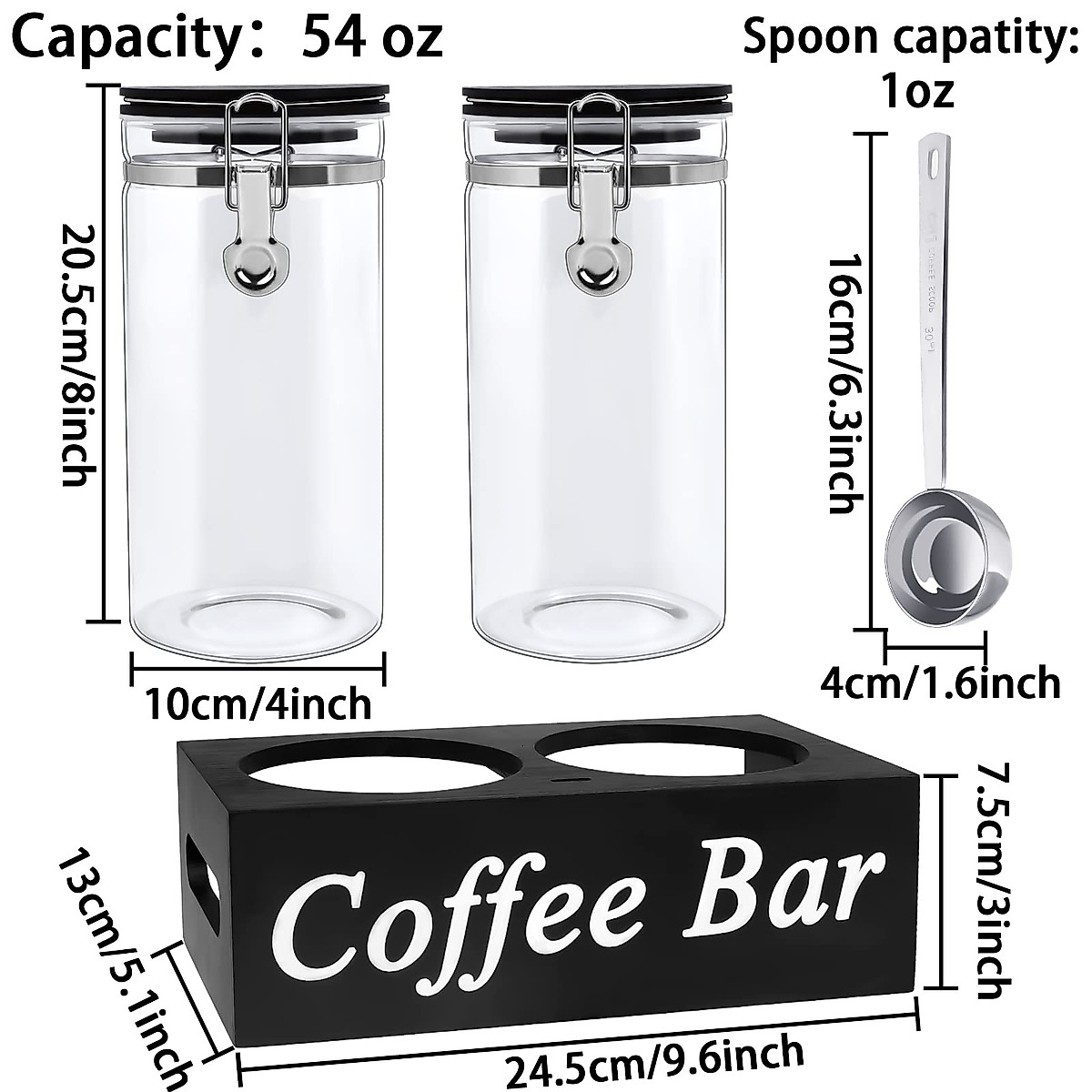 WYTAOHZL 2PCS Glass Coffee Containers with Shelf 54oz Coffee Station Organizer Glass Coffee Bean Storage with Spoon Coffee Canister Set Jars with Airtight Locking Clamp for Coffee Bean Ground Nuts