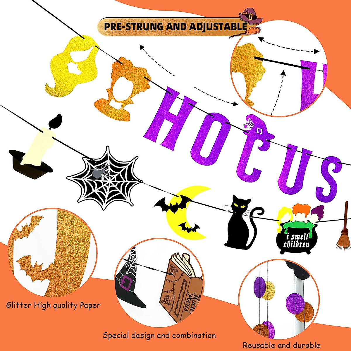 iPartycool Halloween Decorations-Hocus Pocus Decor, Glitter Hocus Pocus Banner, Hocus Pocus Party Decorations, Halloween Hanging Paper Garland Bunting Banner Witches for Wall Home Mantle Office Wall