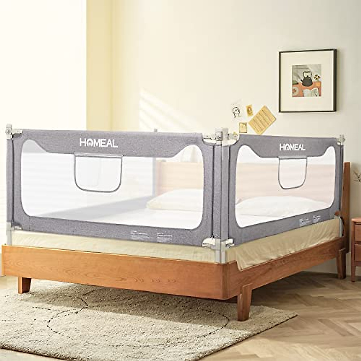 HOMEAL Toddlers Bed Rail for Full Bed, Bed Rails for Toddler, Baby Kids Bed Guard Rail, Bed Safety Rail for Children, Bed Rail fits Full and Queen Size Mattress(Grey, for Full Bed, 3 Pack)