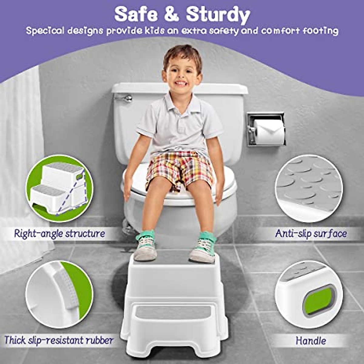 Step Stools for Kids, 2 Step Stool with Anti-Slip Surface and Rubber Bottom, Toddler Step Stool Poop Stool for Toilet Potty Training, Bathroom, Kitchen (Include 2 Ducks) Gray