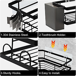 Adhesive Corner Shower Caddy, 2 Packs Shower Organizer Shelves No Drilling Stainless Steel Shower Storage Rack with Hooks & 2pcs Toothpaste Holders for Bathroom Rustproof, Space Saving (Black 5pcs)