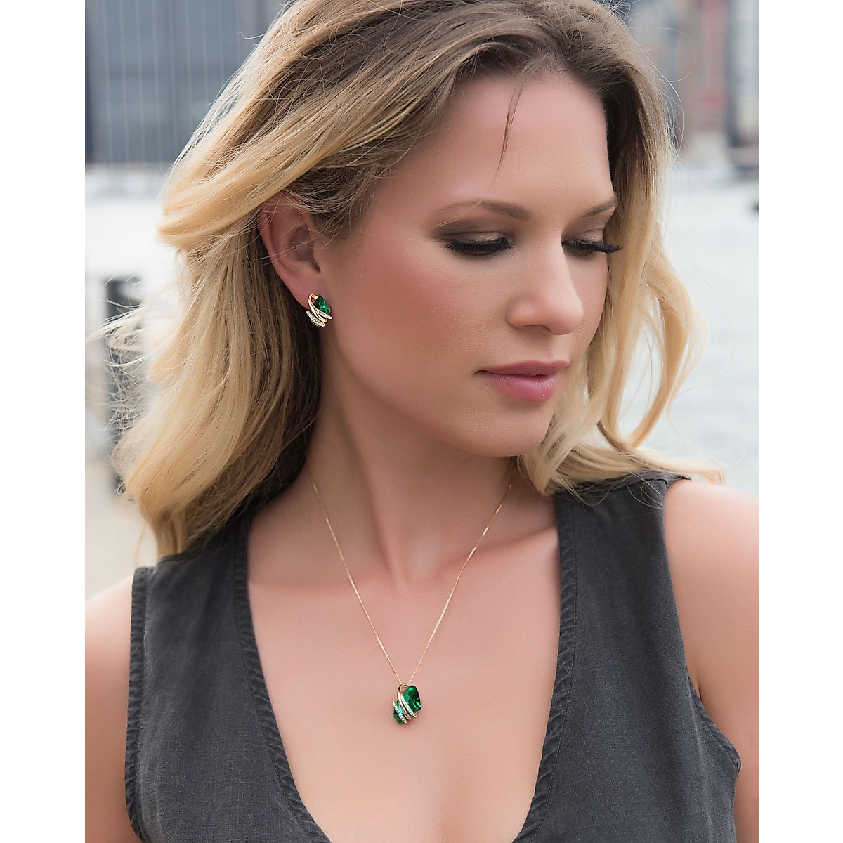Leafael Wish Stone Stud Earrings with Emerald Green Birthstone Crystal, 18K Rose Gold Plated
