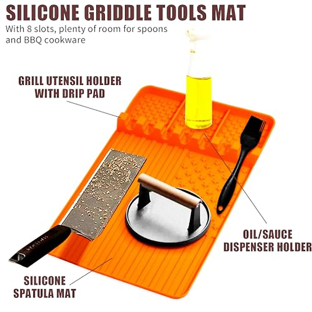Silicone Griddle Tools Mat for Blackstone,Grill BBQ Caddy Utensils Holder for Kitchen,Cooking & Countertop,Large Spatula Mat with Drip Pad,Griddle Accessories for Blackstone (orange-2)