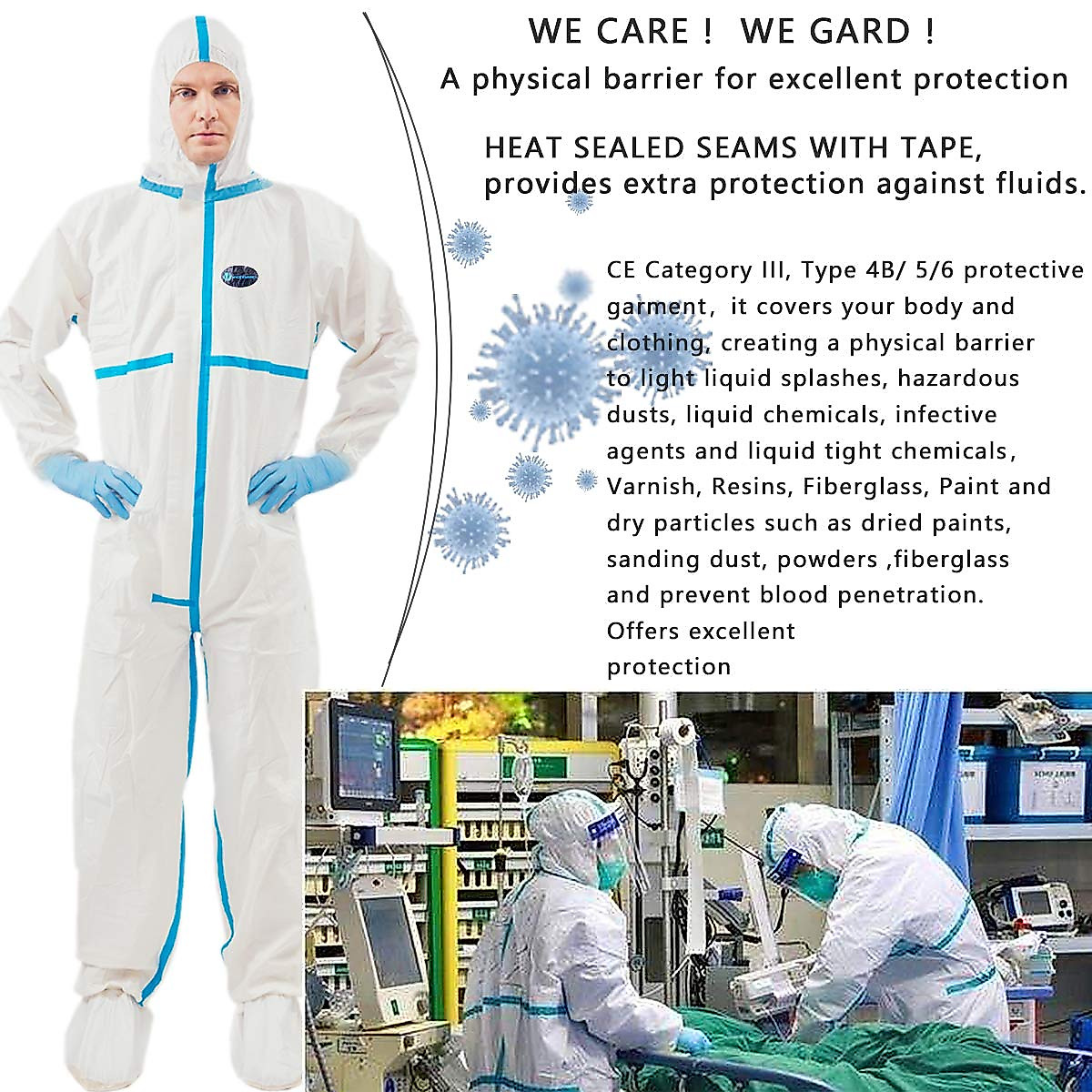 Vicogard Disposable Coverall,Safety Protective Coveralls Full Body Protective from Hazmat and Contamination,Sealed Seams with Tape,Front Zipper Elastic Cuffs & Ankles Isolation Suit with Hood