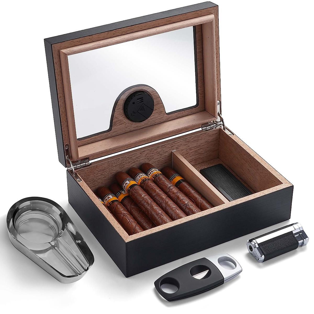 CINOROW Cigar Humidor Box with Lighter and Cutter, Digital Hygrometer and Humidifier, Ashtray, Spanish Cedar Lining and Divider for 25 Cigars, Cigar Accessories Gifts for Men