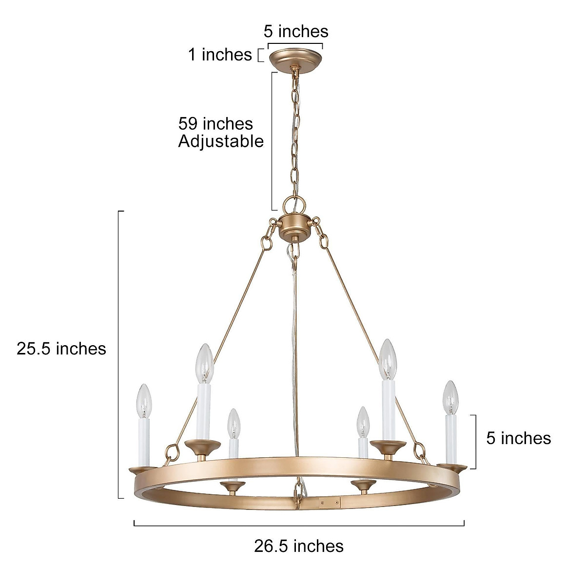 Uolfin Wagon Wheel Chandelier Gold, Modern Large 26.5” Dining Room Chandelier Light Fixture with 6 White Candlesticks for Kitchen, Living Room and Bedroom