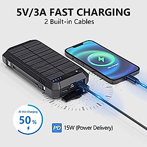 DJKK Solar Charger Power Bank, 36800mAH Waterproof Solar Power Bank, Qi 15W Portable Wireless Charger Built-in Dual USB A Output-a 5V/3A USB C Output with External 3 Wires and an Flashlight (Black)…