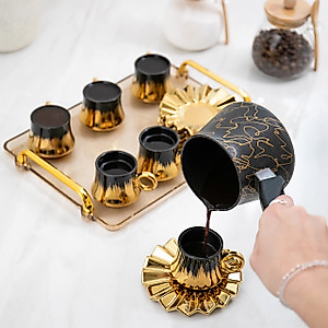 GLOXZY Turkish Coffee Cup Set of 6 with Saucers & Tray - Luxury Arabic Greek Japanese Marble Ceramic Tea Cups for Espresso Cappuccino Latte Mocha, Ideal Gift - 3.5oz, Black Gold