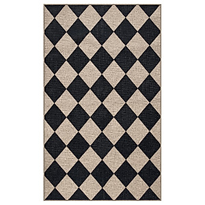 Lahome Checkered Easy Jute Area Rug, 3x5 Outdoor Patio Rug Washable Rugs for Entryway Diamond Indoor Outdoor Living Room Rugs, Farmhouse Neutral Non Slip Black Carpet for Backyard Bedroom