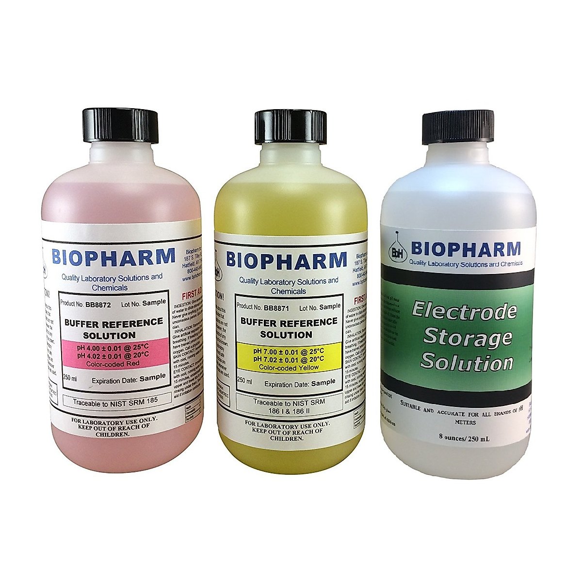 pH Buffer Calibration Solution 3-Pack: pH 4.00 Buffer, pH 7.00 Buffer, and Electrode Storage Solution — 250 mL (8.4 fl oz) Each — NIST Traceable Reference Standards for All pH Meters