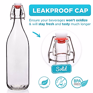 WILLDAN Giara Glass Bottle with Stopper Caps, Set of 4-33.75 Oz Carafe Swing Top Glass Bottles for Beverages, Oils, Kombucha, Kefir, Vinegar, Leak Proof Caps & Airtight Lids