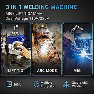 AUTOGEN 200A MIG Welding Machine, 3 in 1 MIG/Lift TIG/MMA Welding Machine, 110V/220V Dual Voltage Stick Welder IGBT DC Inverter