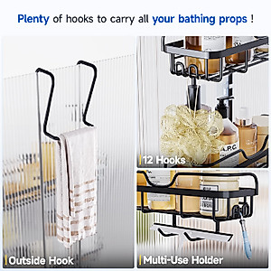 Shower Caddy Over the Door Organizer: Bath Rack Hanging Over Glass with Hooks - Storage Shelf Inside Bathroom for Shampoo - Matte Black