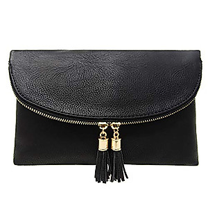 Solene Women's Envelop Clutch Crossbody Bag With Tassels Accent (WU075-Black)