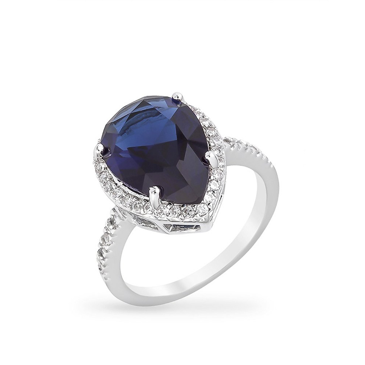 Kate Bissett Genuine Rhodium Plated Sapphire Blue Ring with Pear Shape Sapphire Blue Cubic Zirconia Size 7