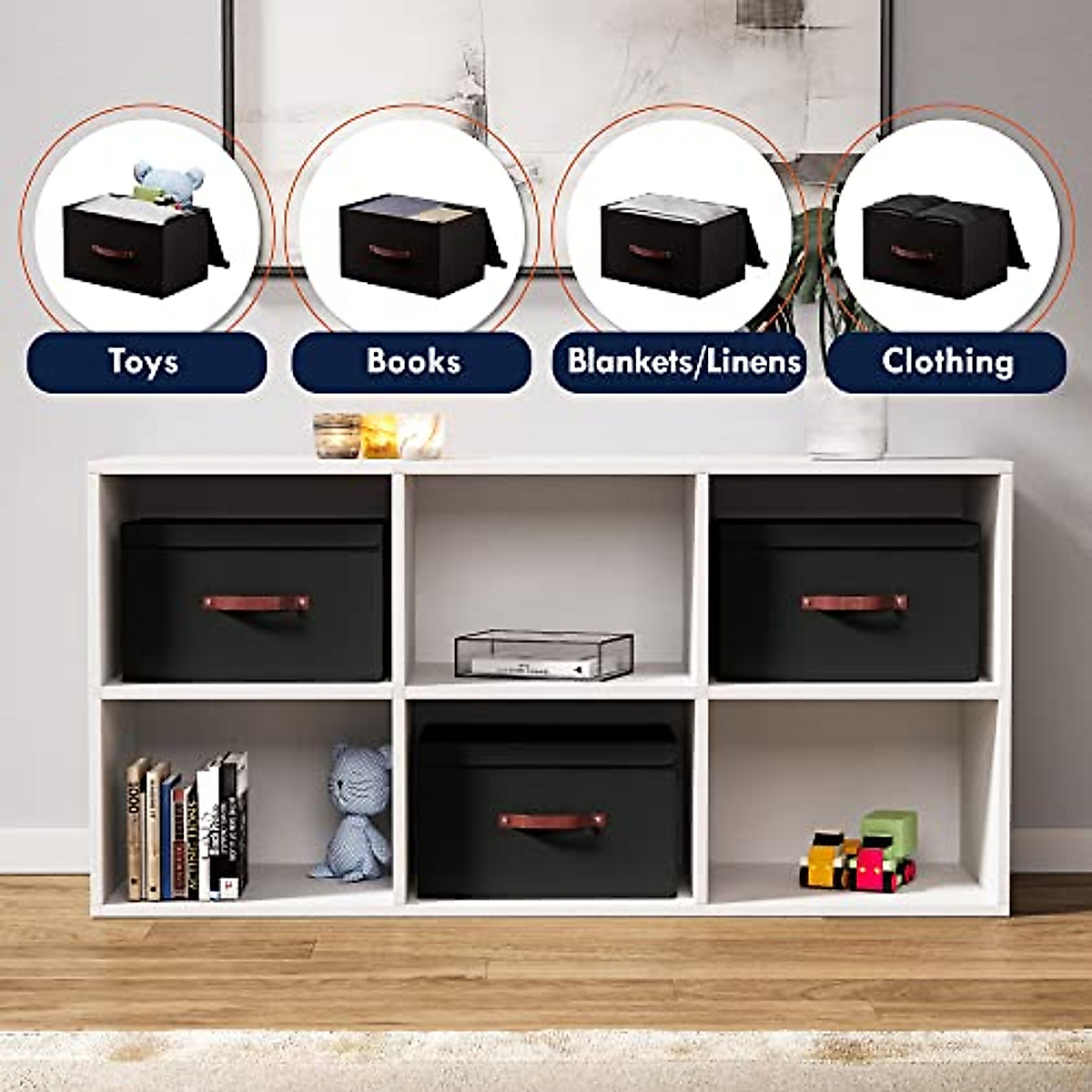 Ornavo Home Foldable Collapsible XLarge Storage Box Bins Linen Fabric Shelf Basket Cube Organizer with Leather Handles and Lid - Set of 3 - 16.5 x 11.8 x 7.5 - Black