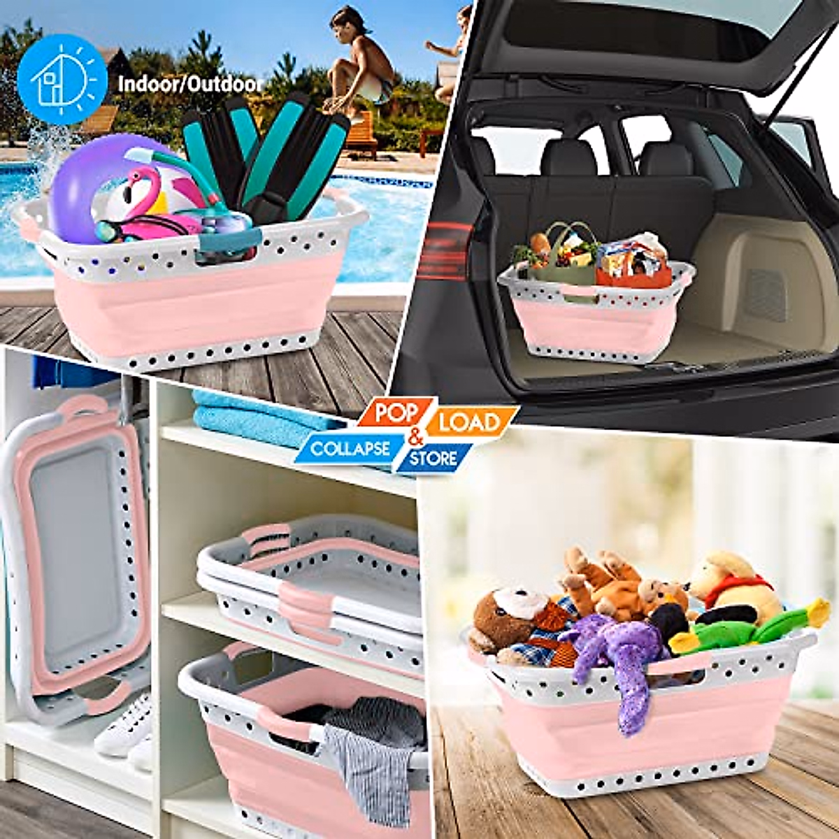 Pop & Load Collapse & Store 1 Large 25" Slim Collapsible Plastic Laundry Basket, Space Saving Portable Pop Up Storage & Organization Basket, 3" High When Folded, 3 Comfort Grip Handles, Blush Pink