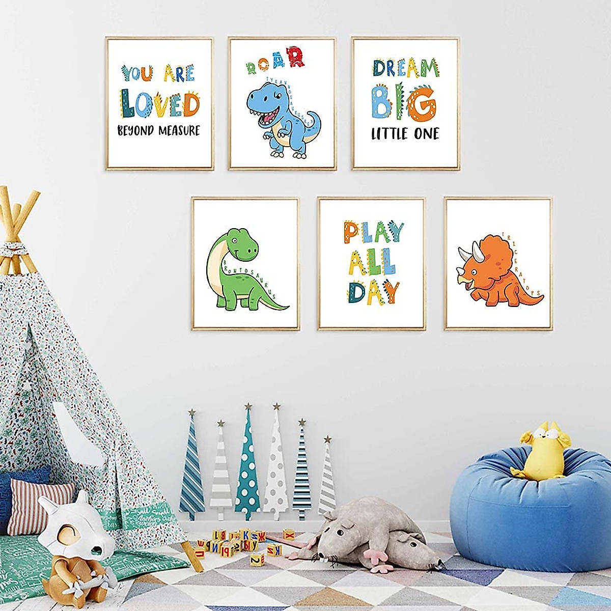 Dream Big Dinosaur Wall Art Inspirational Dinosaur Wall Decor for Classroom Nursery Bedroom, Dinosaur Art Prints Set of 6 (8”X10”), Dinosaur Bathroom Decorations for Bedroom Home Living Room, Unframed