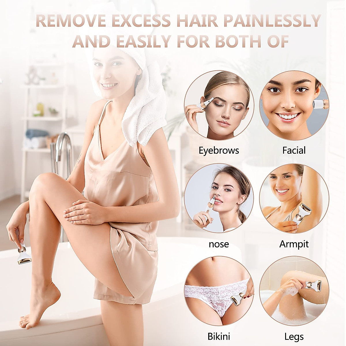 Electric Razor for Women Bikini Trimmer, MKIOVH Women's Cordless Portable 4 in 1 Painless Shaver, ​for face Legs Brows Nose Detachable Head USB Rechargeable Hair Trimmer (White)