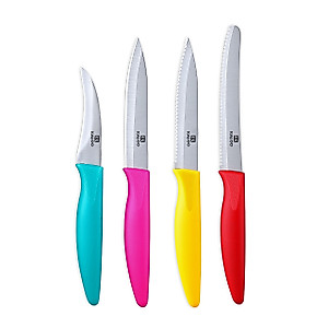 KL KALOO Paring Knife, Set of 4 Paring Knives Set With 2-Piece 4-inch Straight & Serrated Paring Knives, 3.5-inch Peeling Knife & 4.5-inch Utility Paring Knife (Green, Red, Pink and Yellow)