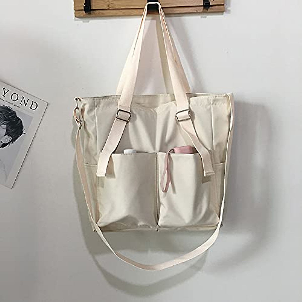 Waterproof Tote Bag with Zipper Hobo Bags for Women Canvas Crossbody Tote Aesthetic Large Handbags Fairy Grunge Clothes (Beige)